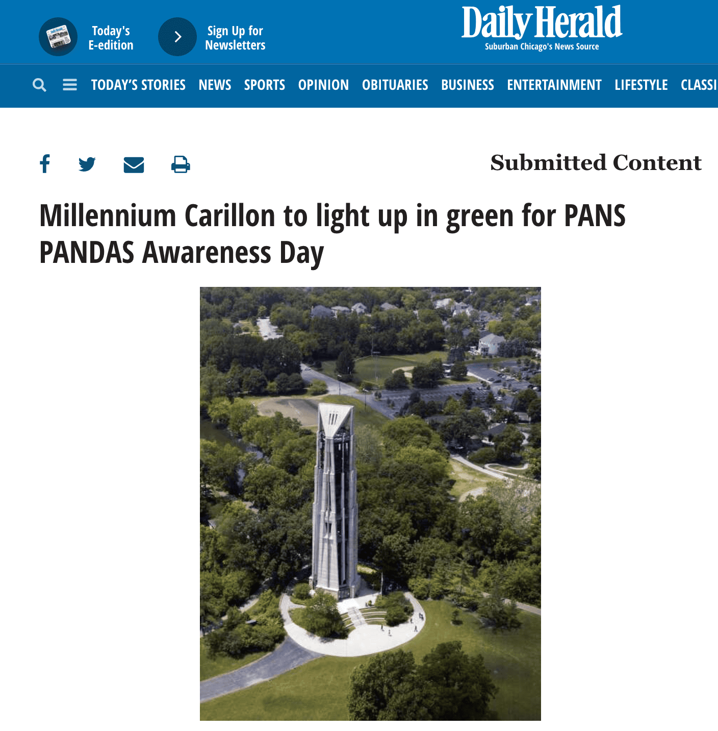 Millennium Carillon to light up in green for PANS PANDAS Awareness Day ...